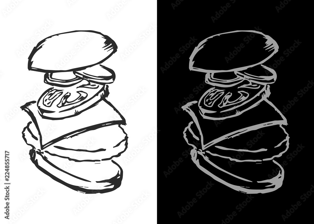 hand-drawn burger. Burger parsed by parts vector illustration. template ...