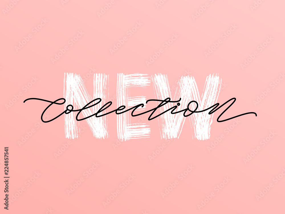 New collection white text on pastel pink background. Modern brush ...