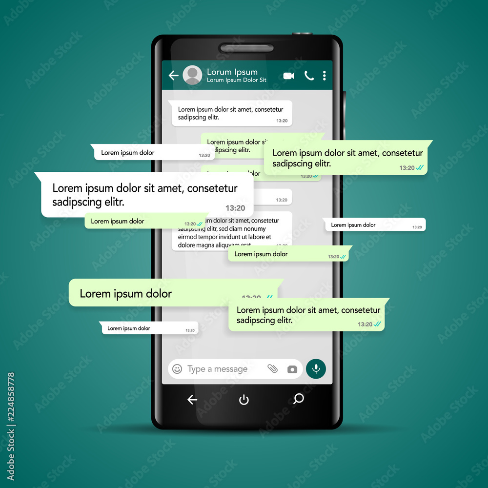 Modern vector mobile phone illustration with chat screen app, messaging ...