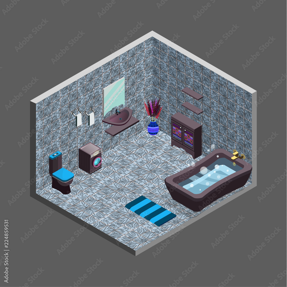 isometric dark pattern walls bathroom view, low poly home room ...