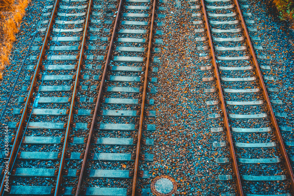 train lines from top - bird view in orange tonage Stock Photo | Adobe Stock