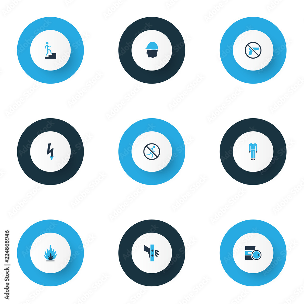 Safety icons colored set with danger moving parts, step up, electrical ...
