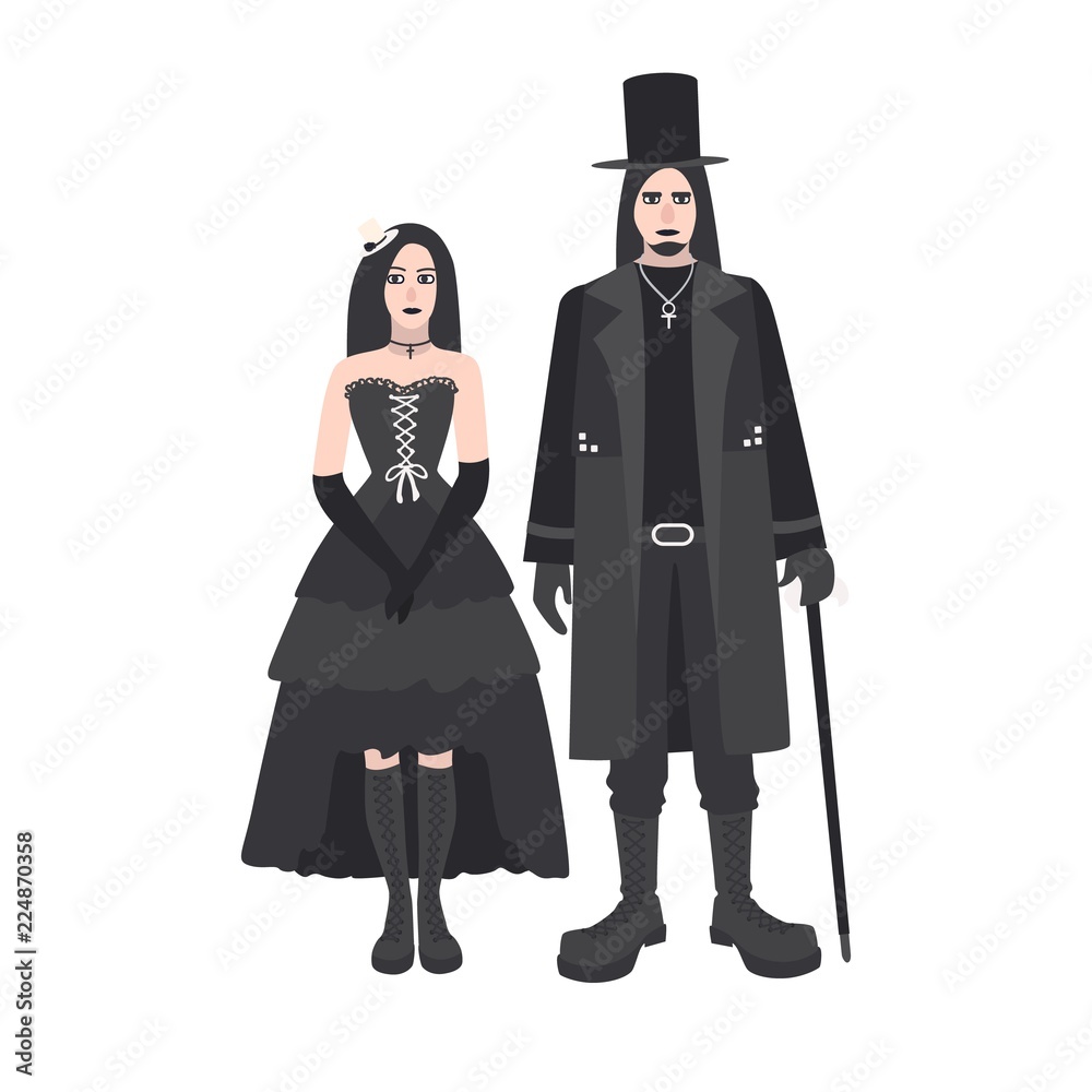 Young goth man and woman with long hair dressed in black clothing ...