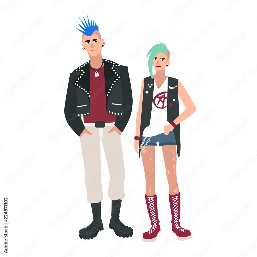Young man and woman with mohawk hairstyle. Pair or punk rockers dressed ...