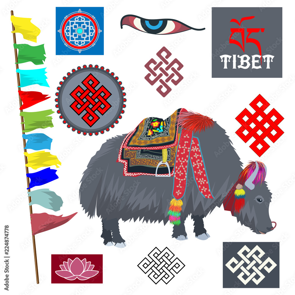 Symbols of Tibet. Vector illustration depicting yak and different ...