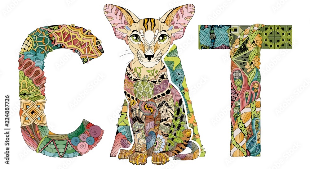 Word CAT with a drawing of a cat. Vector decorative zentangle object ...