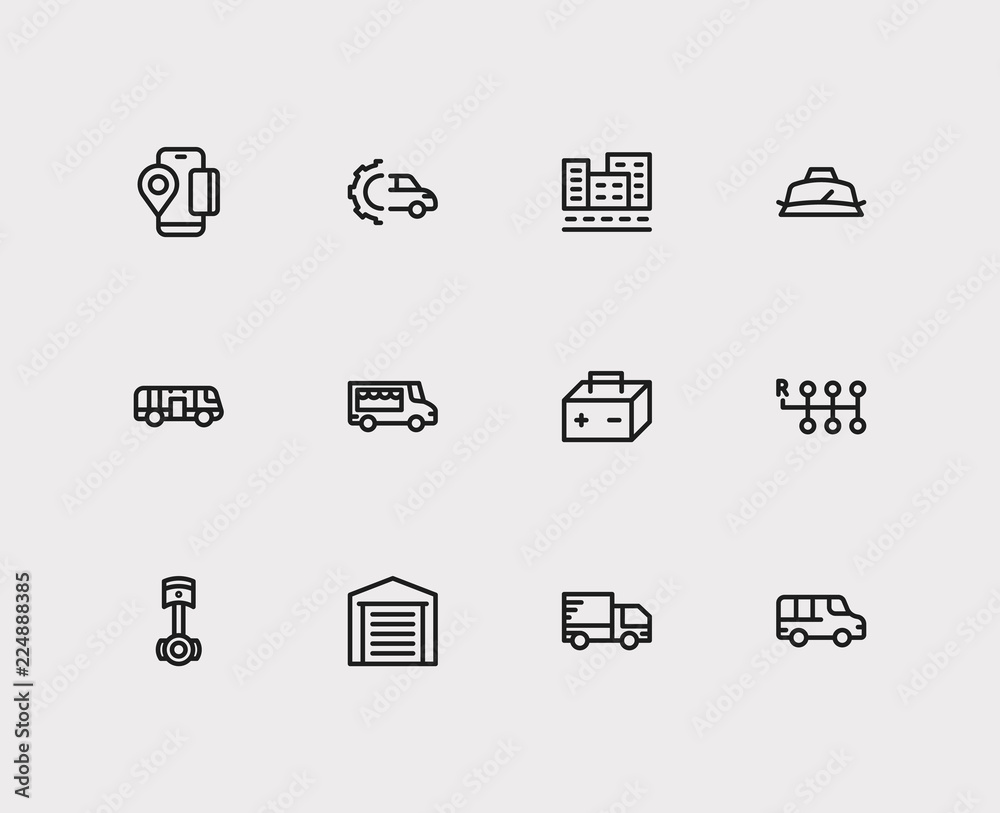 Auto icons set. City street and auto icons with food truck, bus and car ...