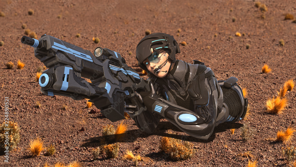 Android female soldier, military cyborg woman armed with rifle shooting ...