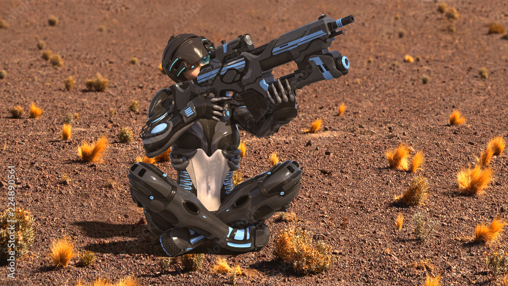 Android female soldier in desert armed with rifle, military cyborg ...