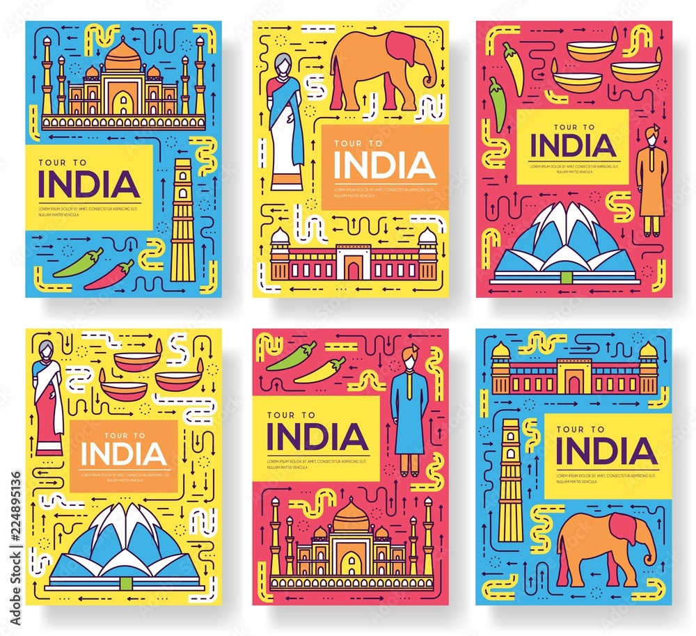 India vector brochure cards thin line set. Country travel template of ...