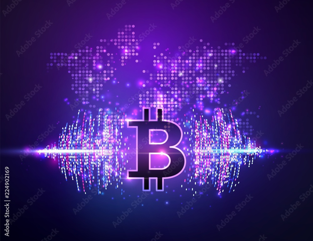 Vivid bitcoin mining vector background. Global cryptocurrency dark ...