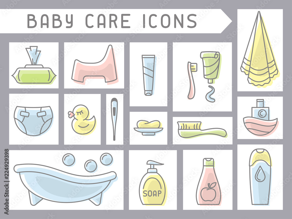 Baby care icons collection. Linear style vector illustration. Baby ...