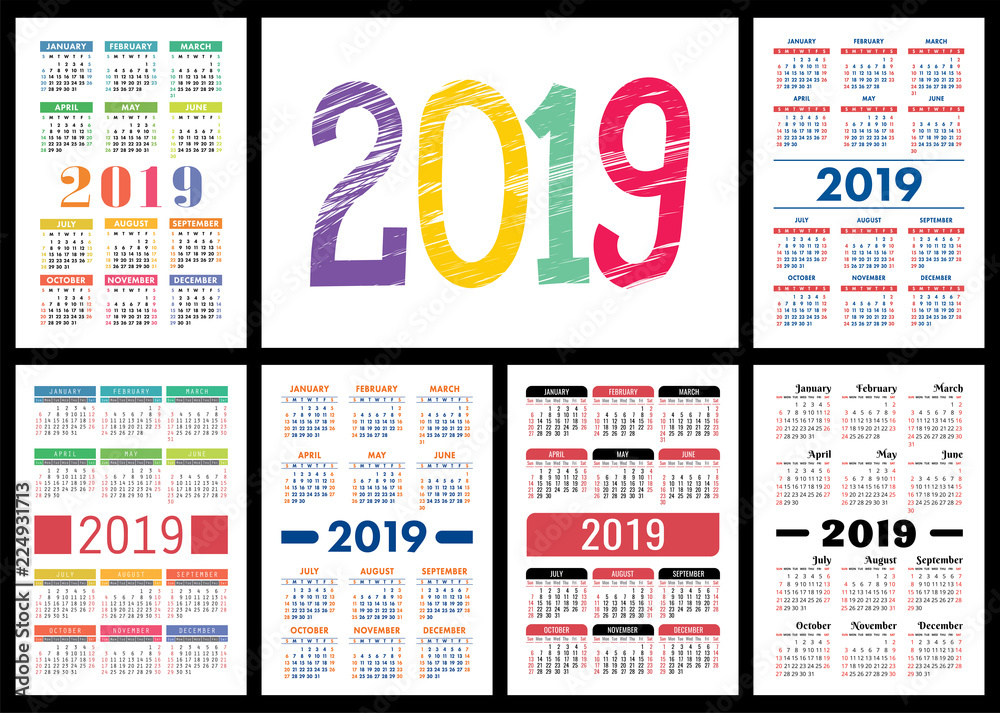 Calendar 2019. Colorful set. Week starts on Sunday. Basic grid. English ...