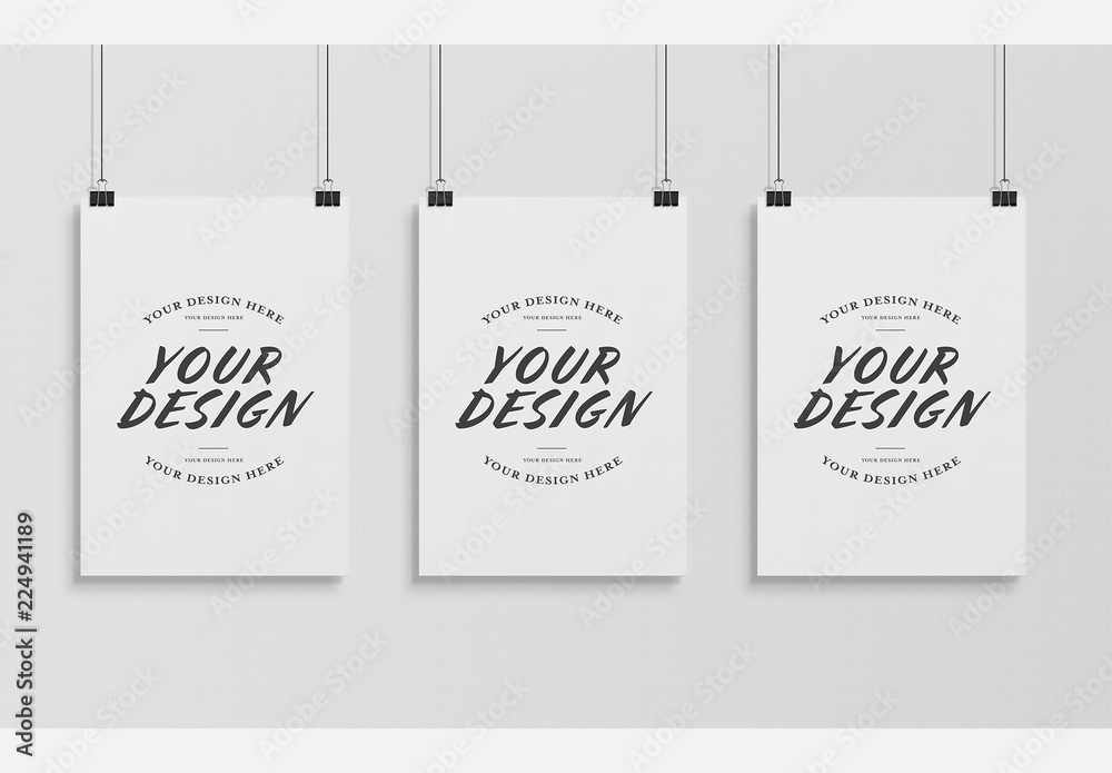 Three Hanging Posters Isolated on Wall Mockup Stock Template | Adobe Stock