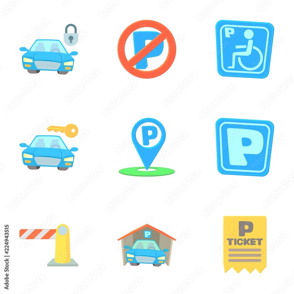 Parking station icons set. Cartoon illustration of 9 parking station ...