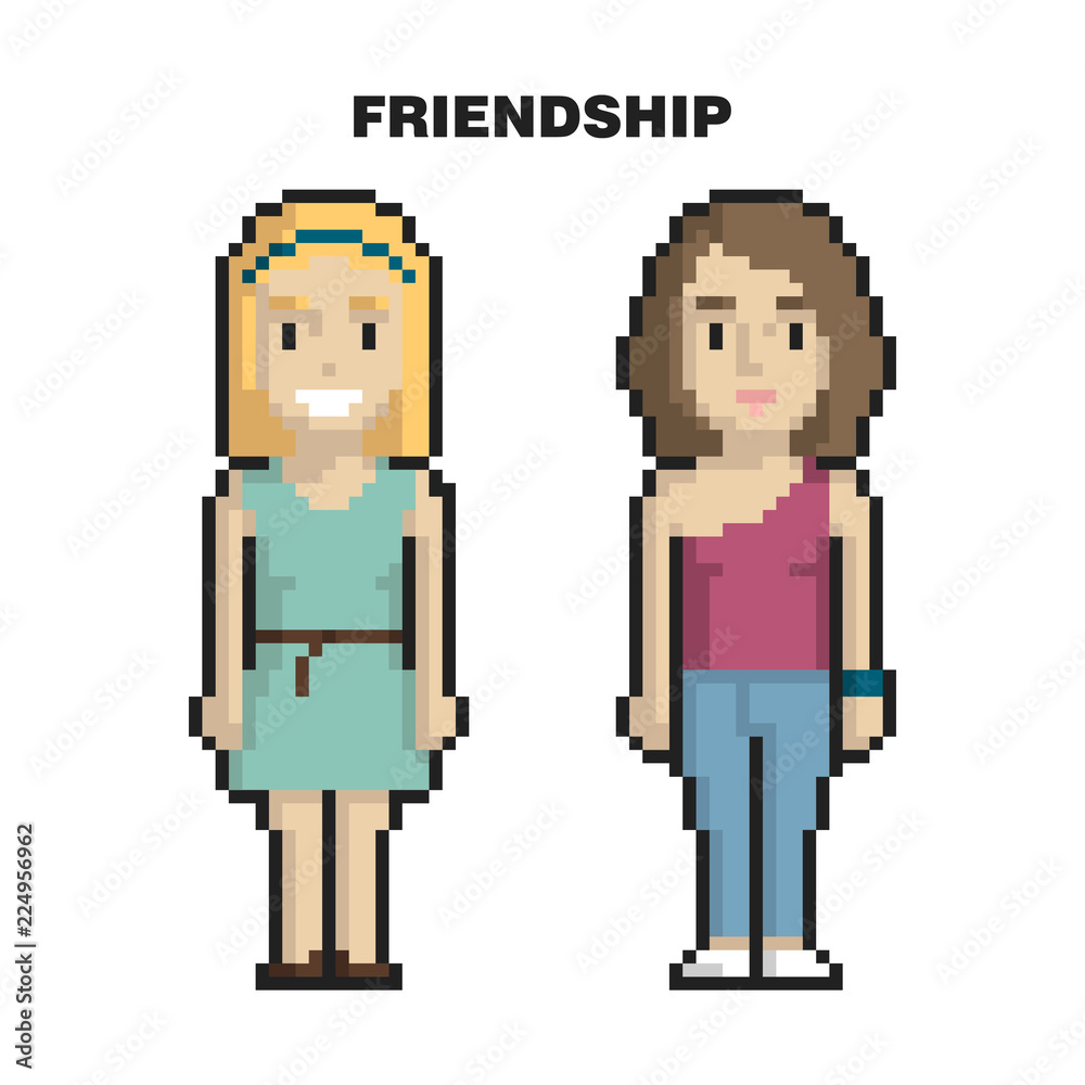 Female friendship. Two friends pixel art on white background. Vector illustration. Stock ...