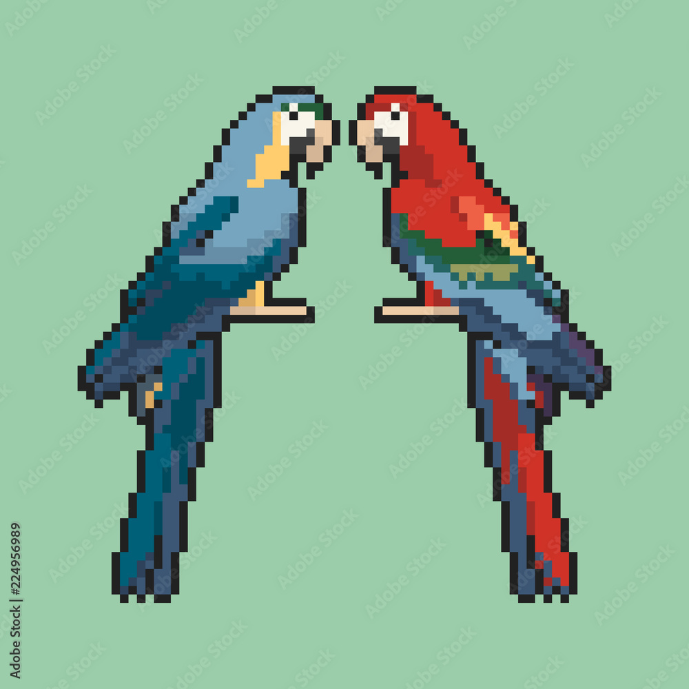 Two parrots on a green background pixel art. Vector illustration. Stock ...