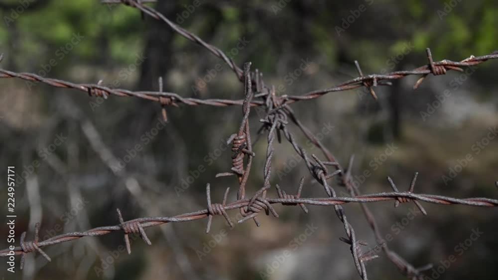 Rusty metal barbered wire on former border check point. Wire fence near ...