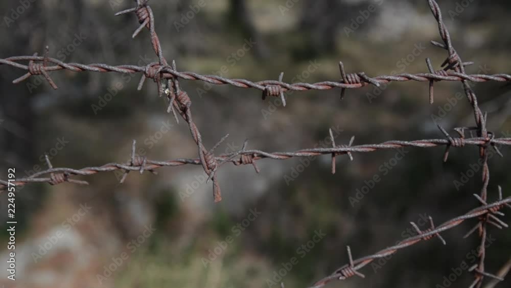 Rusty metal barbered wire on former border check point. Wire fence near ...