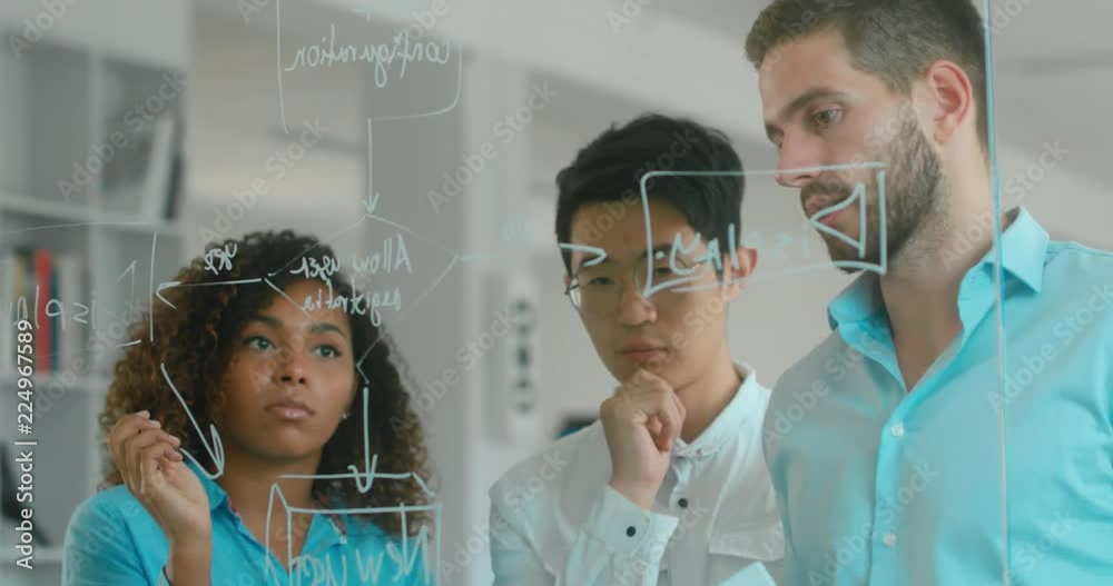 Multi racial team of employees drawing and discussing flowchart diagram ...