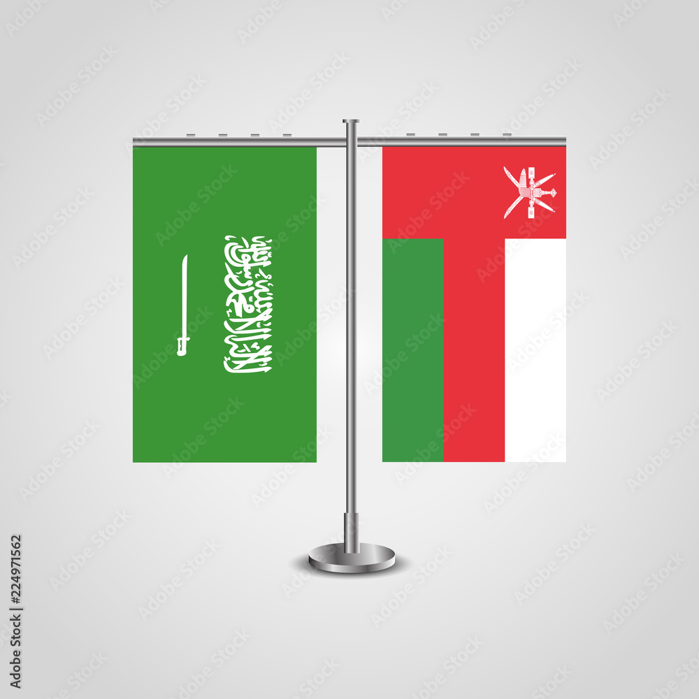 Table stand with flags of Saudi Arabia and Oman.Two flag. Flag pole ...