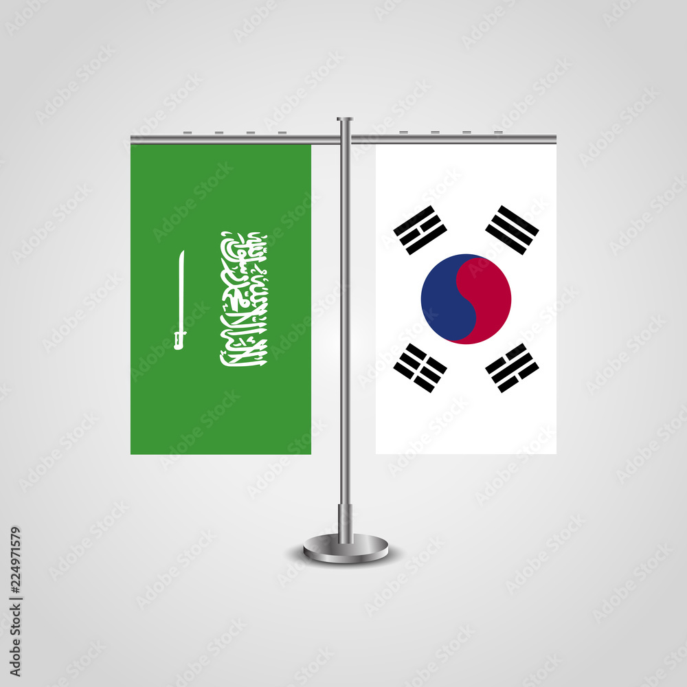 Table stand with flags of Saudi Arabia and South Korea.Two flag. Flag ...