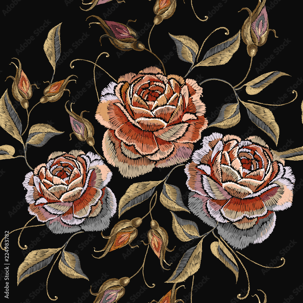 Beautiful bud red roses classical embroidery on black background ...