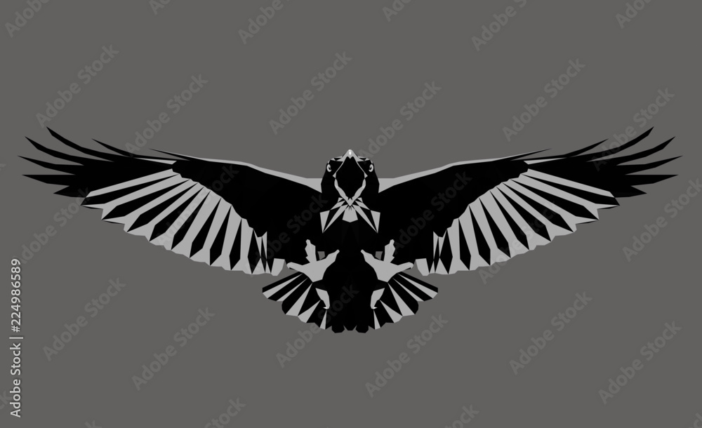Monochrome crow. Low poly triangular raven in flight on grey background ...