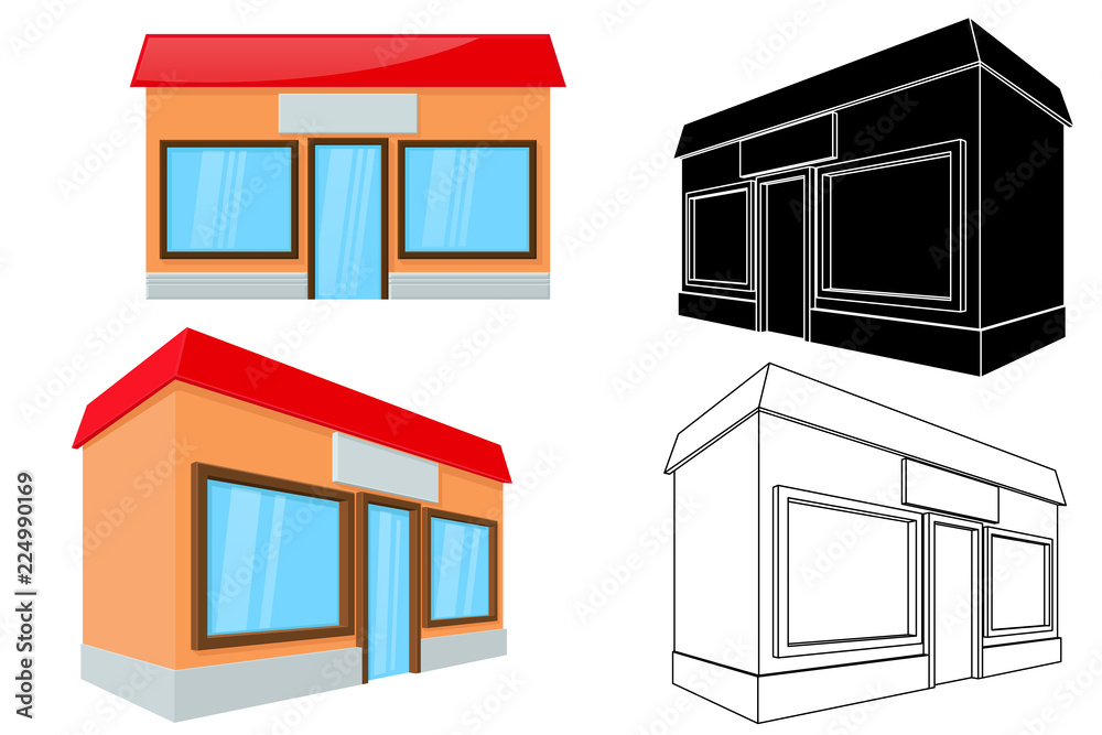 Shop building. Front and side view. 3d and outline drawing Stock Vector ...