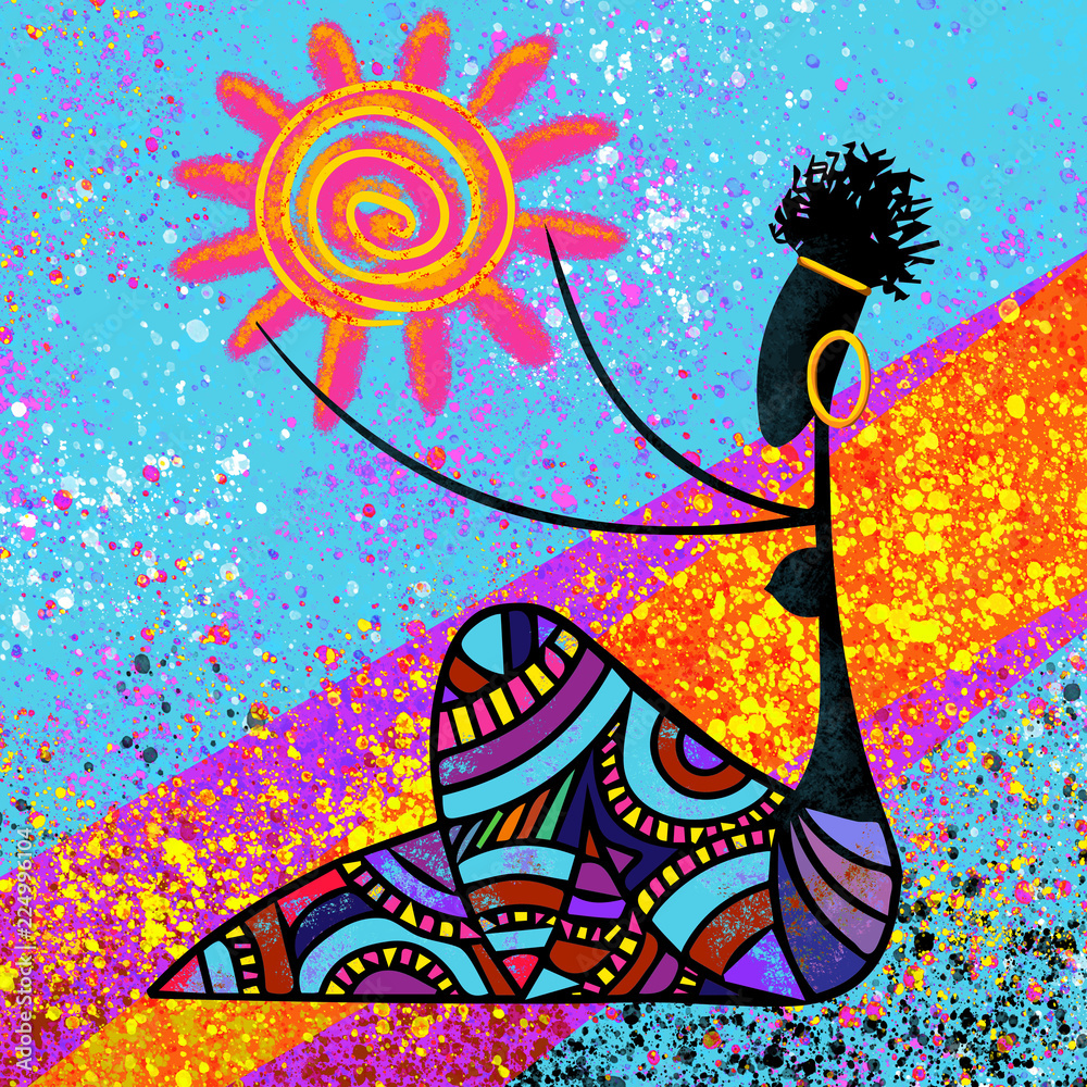 Traditional African beautiful black girl holds the sun digital painting ...
