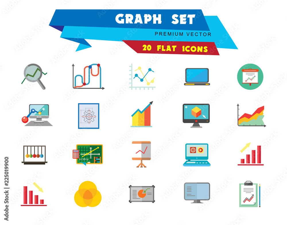 Graph Icon Set. Magnifier And Graph Growing Bar Chart Declining Bar ...