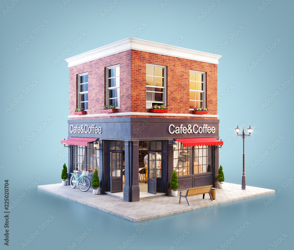 Unusual 3d illustration of a cozy cafe Stock Illustration | Adobe Stock