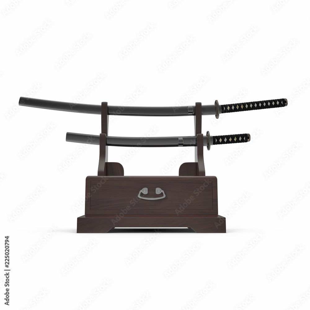 Double Katana Sword Stand With Drawer. 3D Illustration, render ...