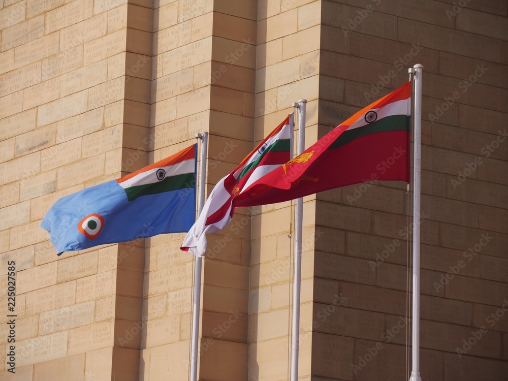 Three flags at the Gate of India—the Indian Army, Indian Navy and ...