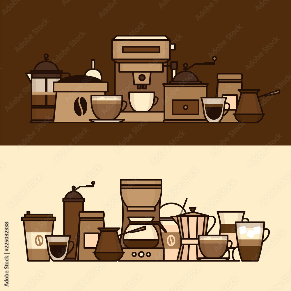 Coffee objects and equipment. Cup and coffee brewing methods. Coffee ...