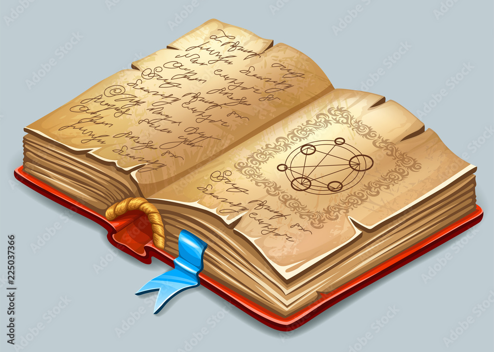 Isometric cartoon book of magic spells and witchcraft for computer game ...
