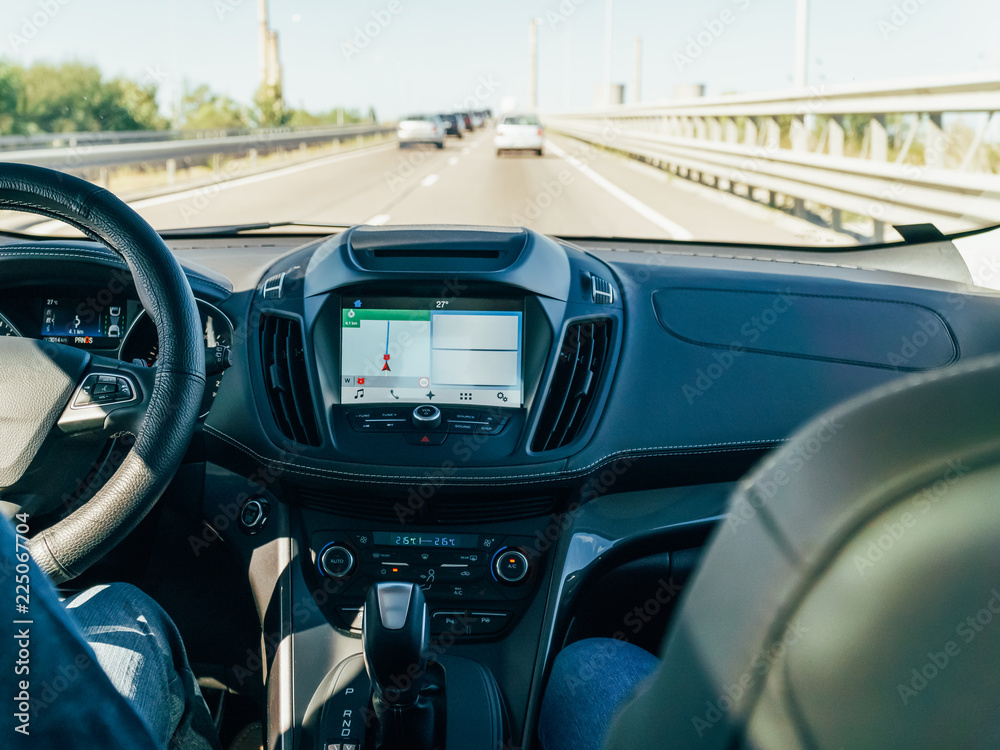 Dashboard View And GPS Map Of Modern Car With Hands Of Man Driver On ...