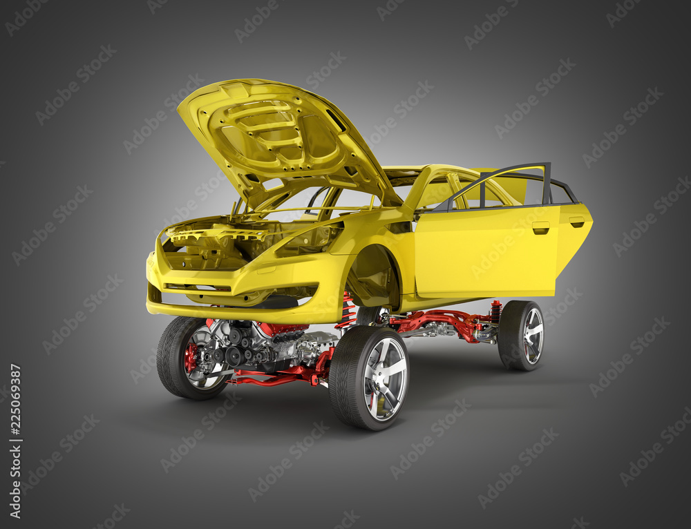 Body and suspension of the car with wheel and engine Undercarriage with ...