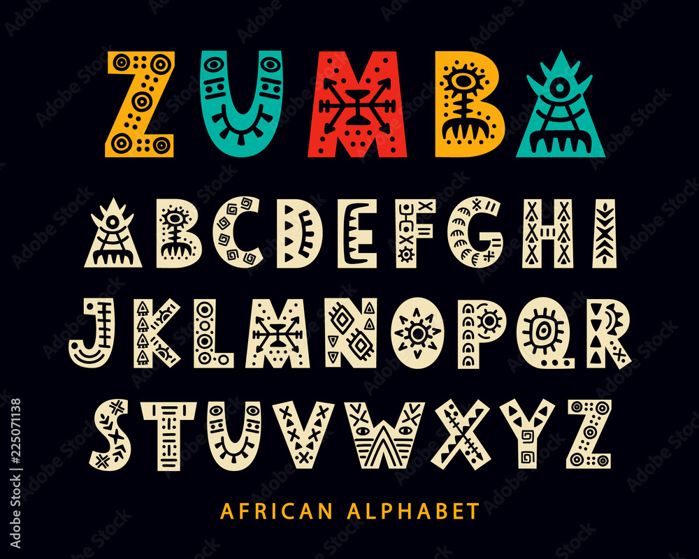 Vector Hand drawn African Tribal Font. Folk Scandinavian Script Stock ...