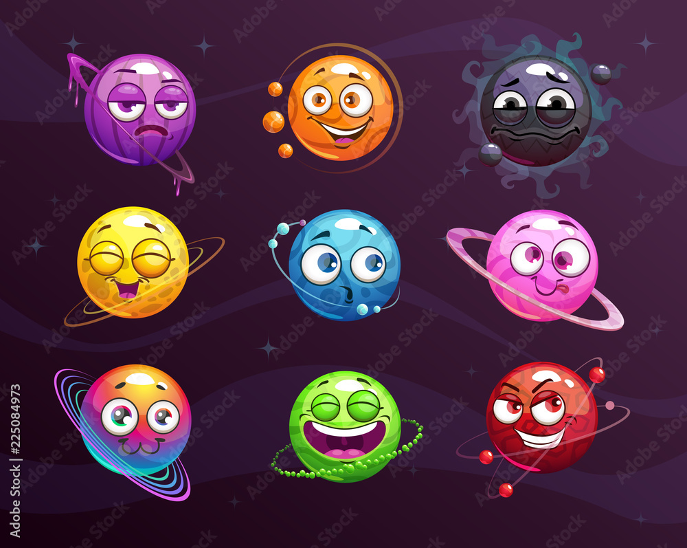 Funny cartoon colorful emoji planets set. Vector comic fantasy space ...