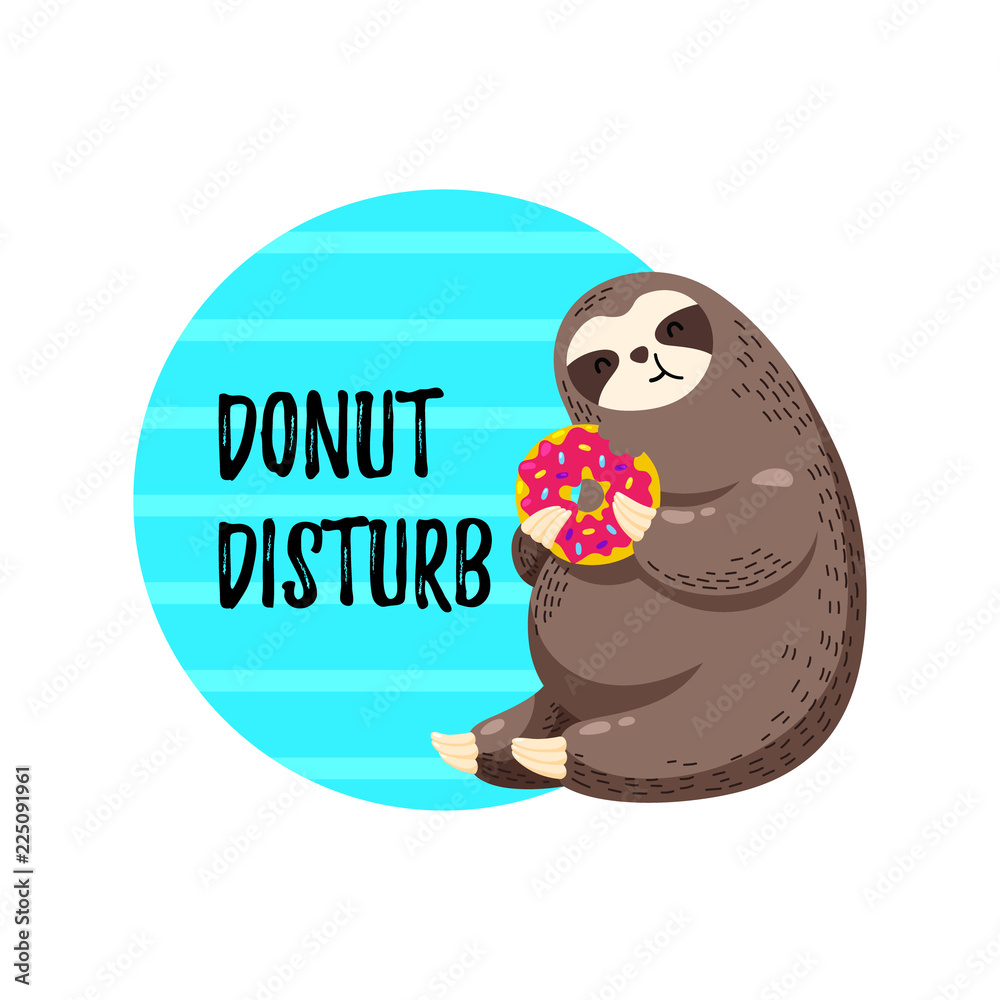 Cute vector illustration. Funny cartoon sloth eating a donut. Stock ...