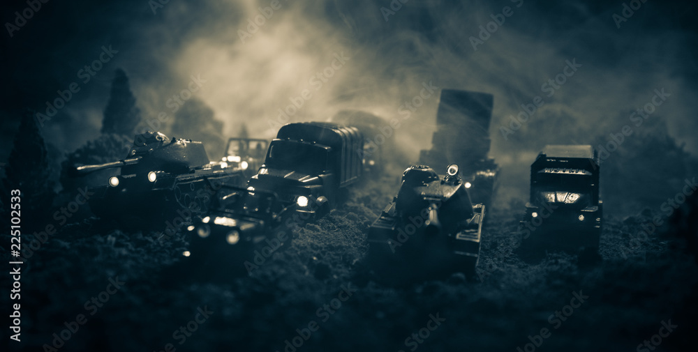 War Concept. Military silhouettes fighting scene on war fog sky ...