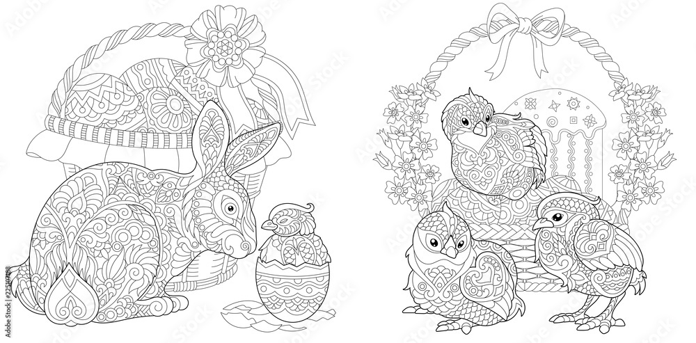 Easter coloring pages with bunny and chicks Stock Vector | Adobe Stock