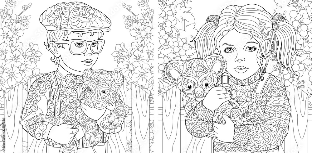 Coloring pages with kids holding little tiger and koala bear Stock ...