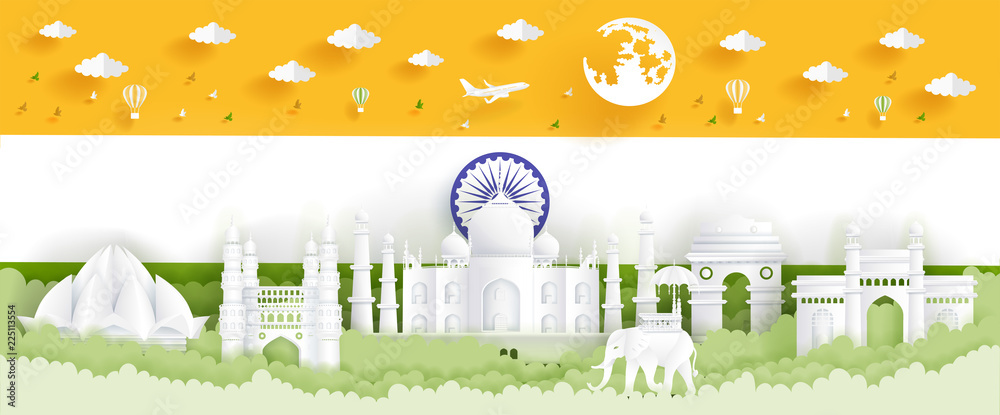 Panorama postcard of world famous landmarks of India with India flag ...