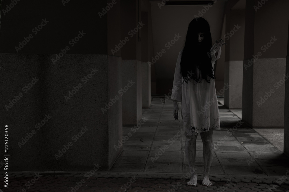Horror woman ghost creepy standing showing hand at house, Stock Photo ...
