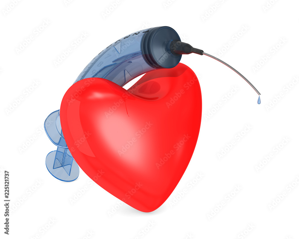 medical syringe and heart on white background. Isolated 3D illustration ...
