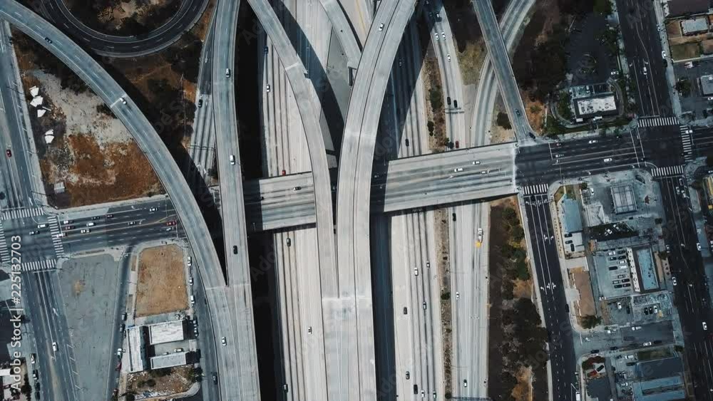 Beautiful drone flyover above large highway junction interchange with ...