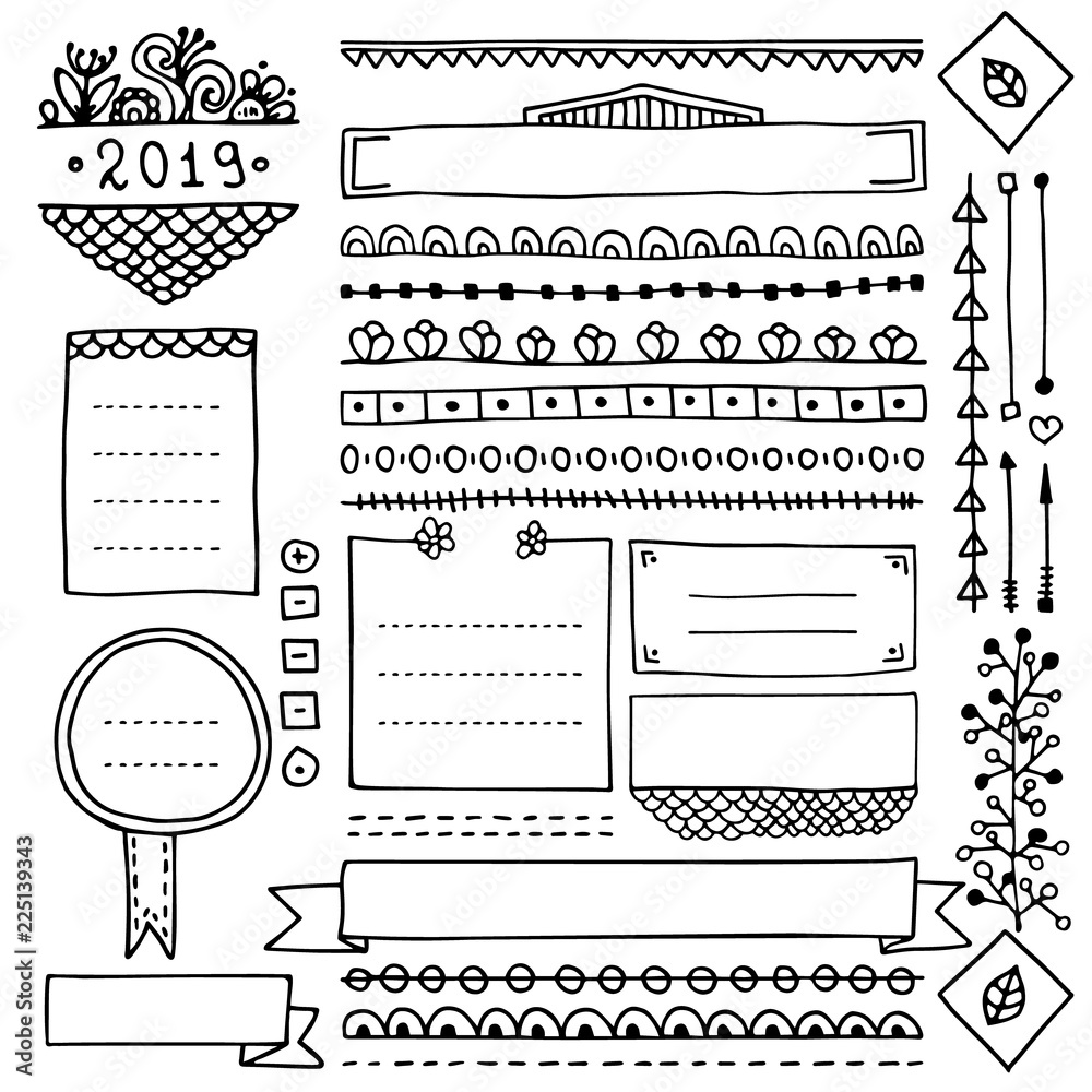 Bullet journal hand drawn vector elements for notebook, diary and ...