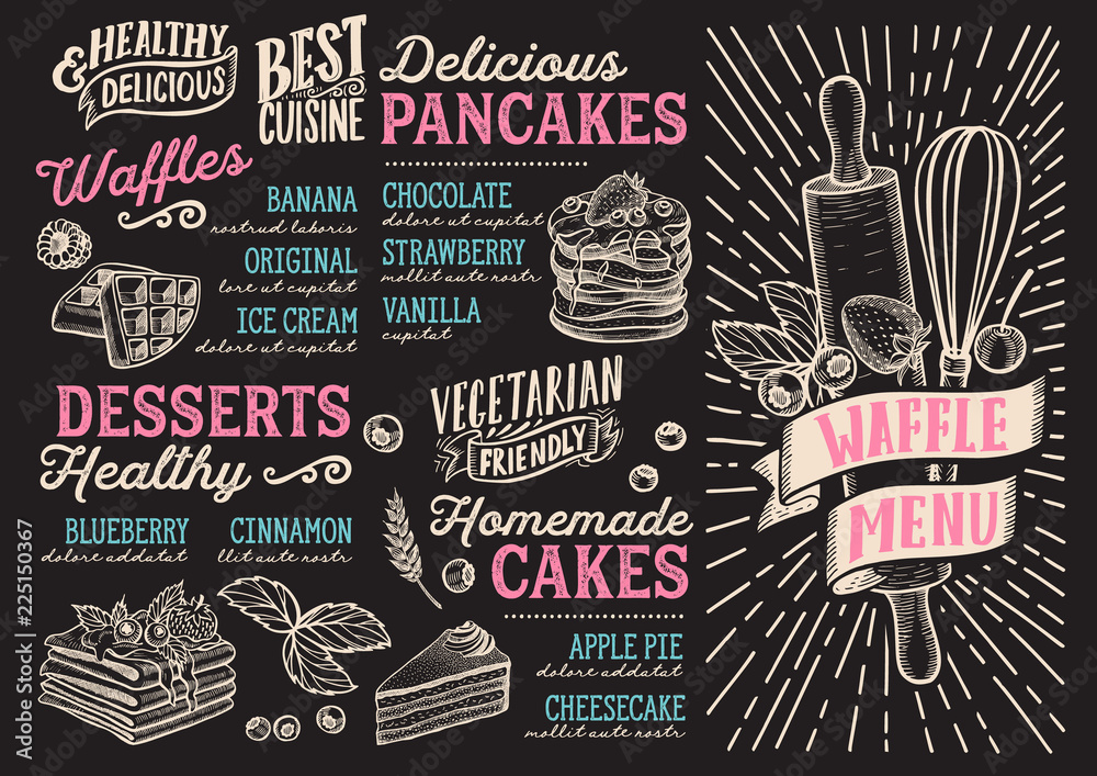 Waffle and pancake menu template for restaurant with doodle hand-drawn ...